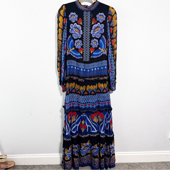 FARM Rio | Dresses | Farm Rio Blue And Gold Tiered Ainika Maxi Dress ...